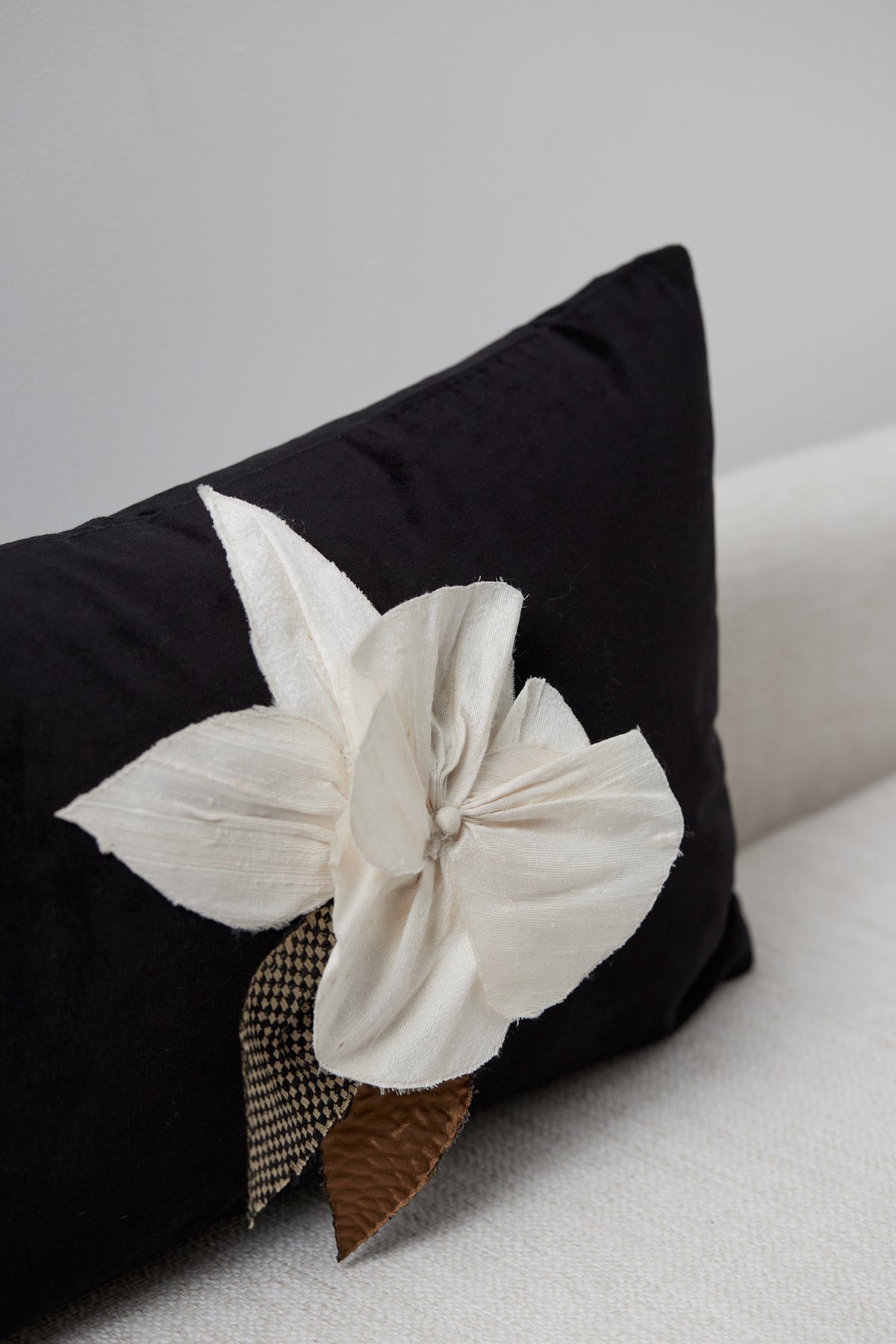 Camille Silk Flower on Black Velvet cushion cover | Leilah